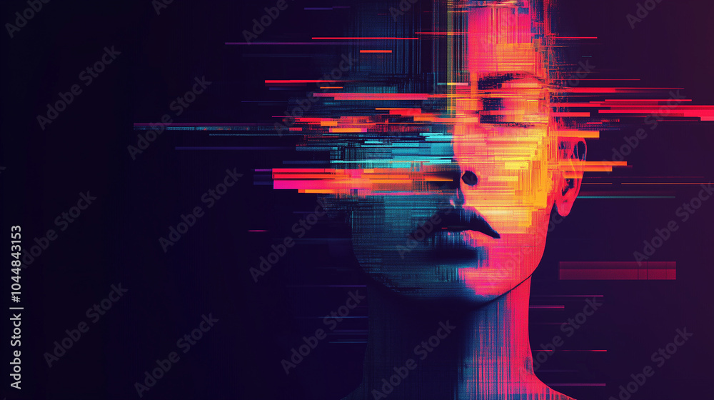 A digital face appears fragmented and distorted, with bright colors and ...
