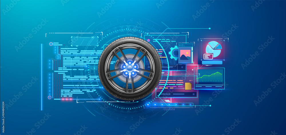 Futuristic car wheel design with glowing hub surrounded by dynamic ...