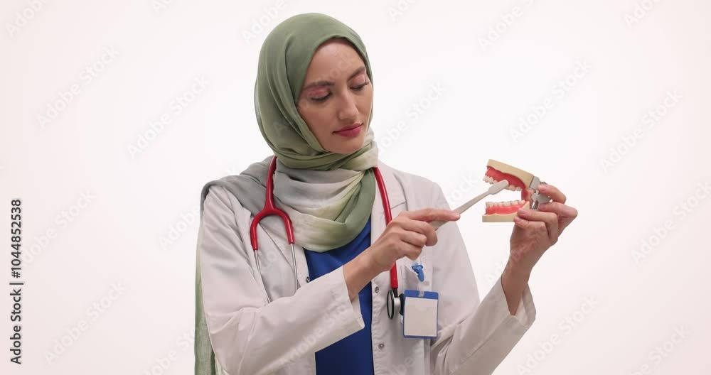 Muslim woman doctor shows technique for brushing teeth. Female dentist ...