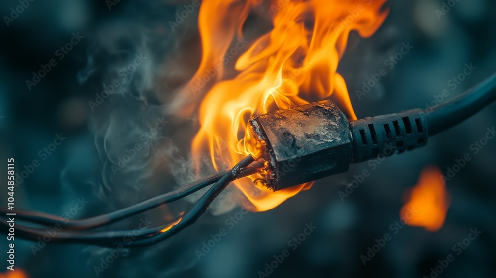 2410 57.A close-up of a burning electrical cable connected to a socket ...