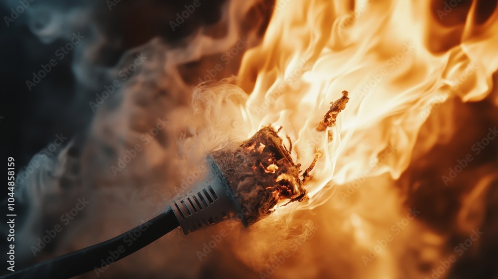 2410 57.A close-up of a burning electrical cable connected to a socket ...