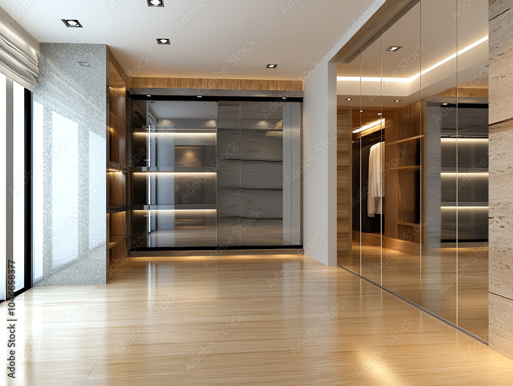 Elegant and modern dressing room design featuring an open wardrobe ...
