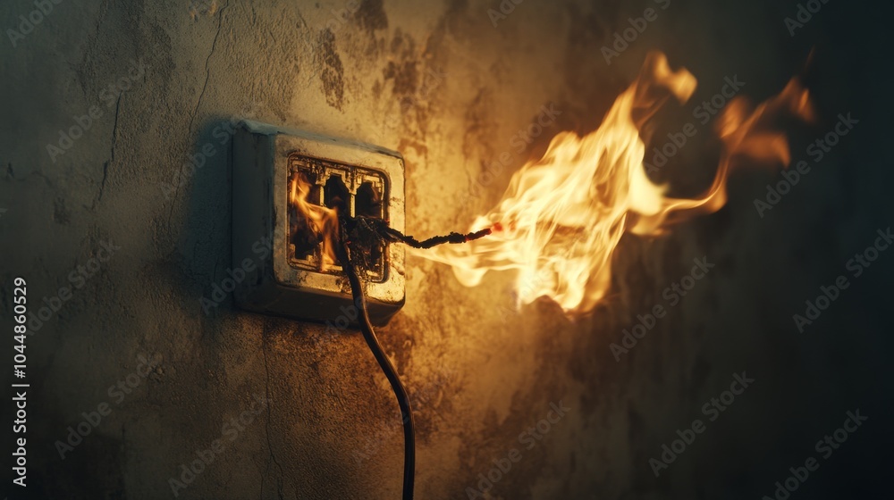 2410 60.A frayed cable plugged into a wall socket, catching fire with ...