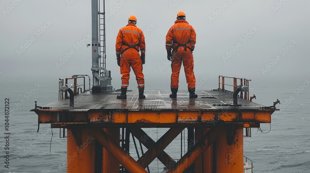 Offshore oil platform workers in orange safety suits stand on platform ...