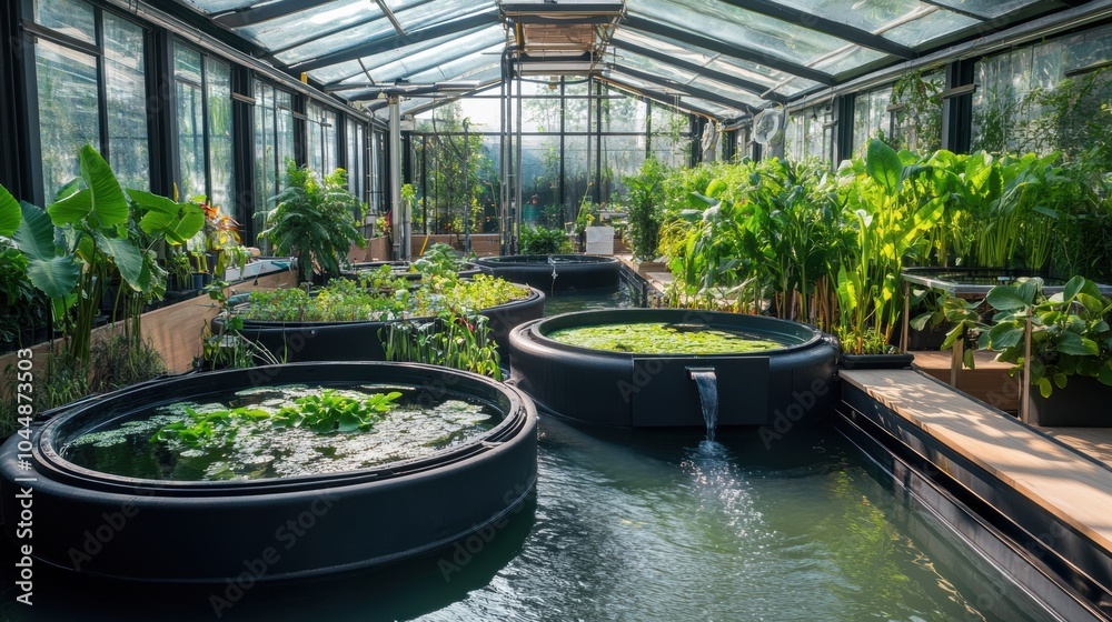 A thriving aquaponic greenhouse featuring circular water tanks and lush ...