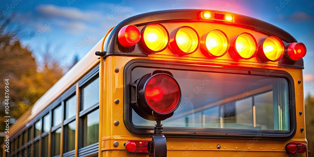 School bus stop sign with bright red flashing lights , transportation ...