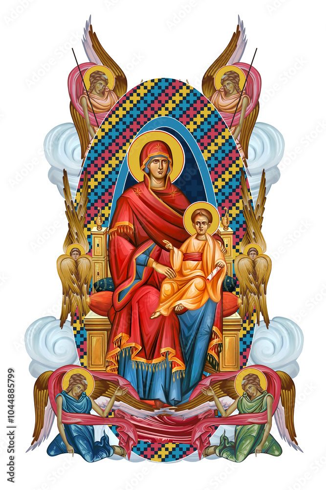 Blessed Virgin Mary and Jesus Christ sitting on throne. Illustration ...