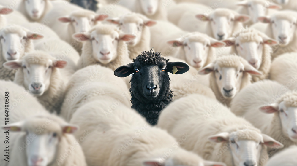 black sheep among white lamb goat lone stand out herd symbolic scene ...