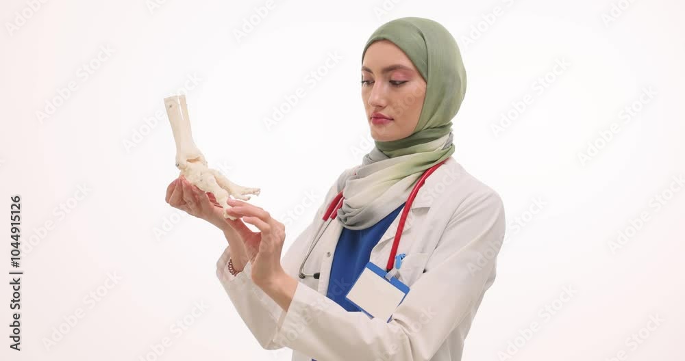Woman doctor wearing hijab shows model of human foot on white ...