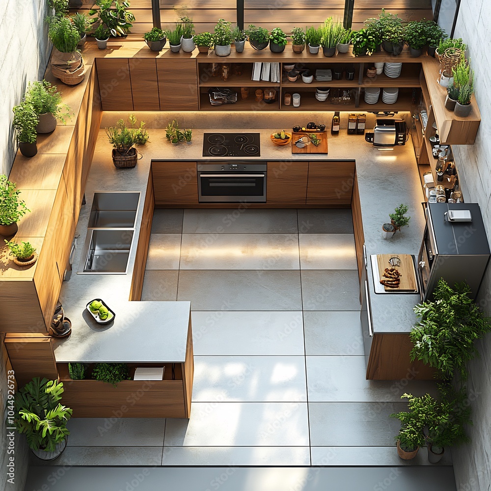 Topdown 3D render of spacious kitchen with a central island open ...