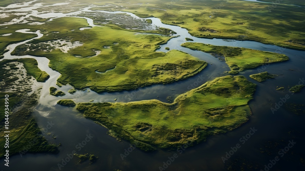 A coastal wetland, a haven for wildlife, unfolds in the Ariel top-down ...