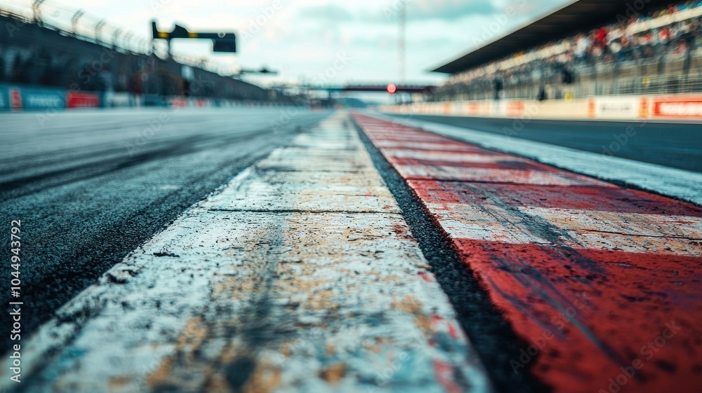 A close-up perspective of an empty race track, highlighting the ...