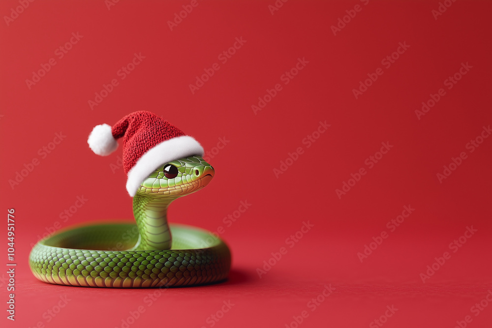 Green snake with Santa hat on red background. New Year 2025. Symbol of ...