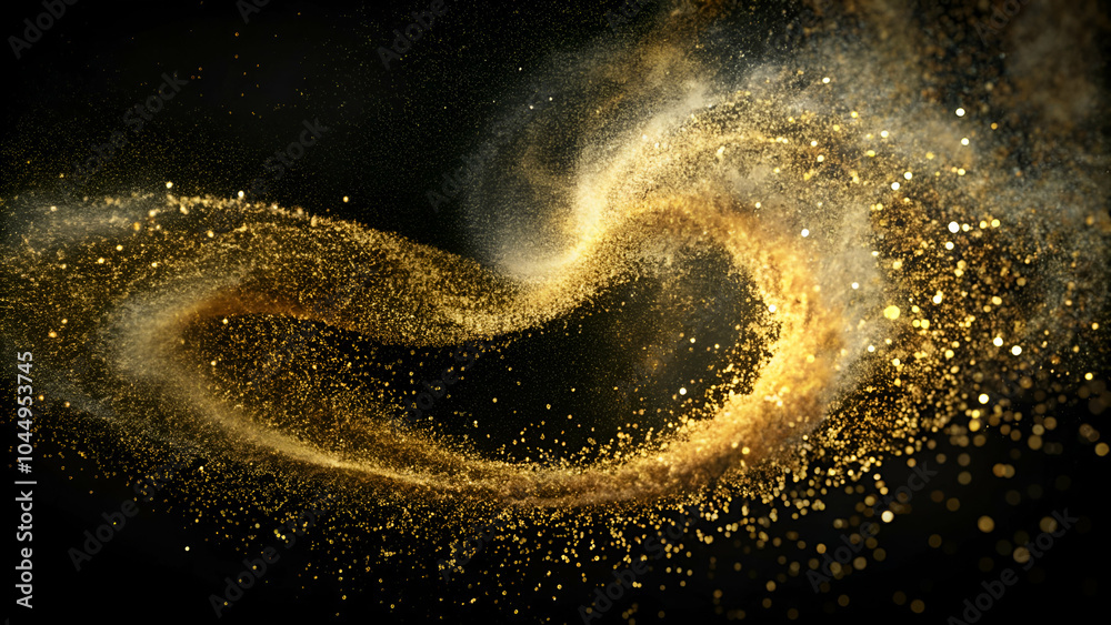 Glittering gold dust and fine sand swirling against a black background, resembling a storm of ...