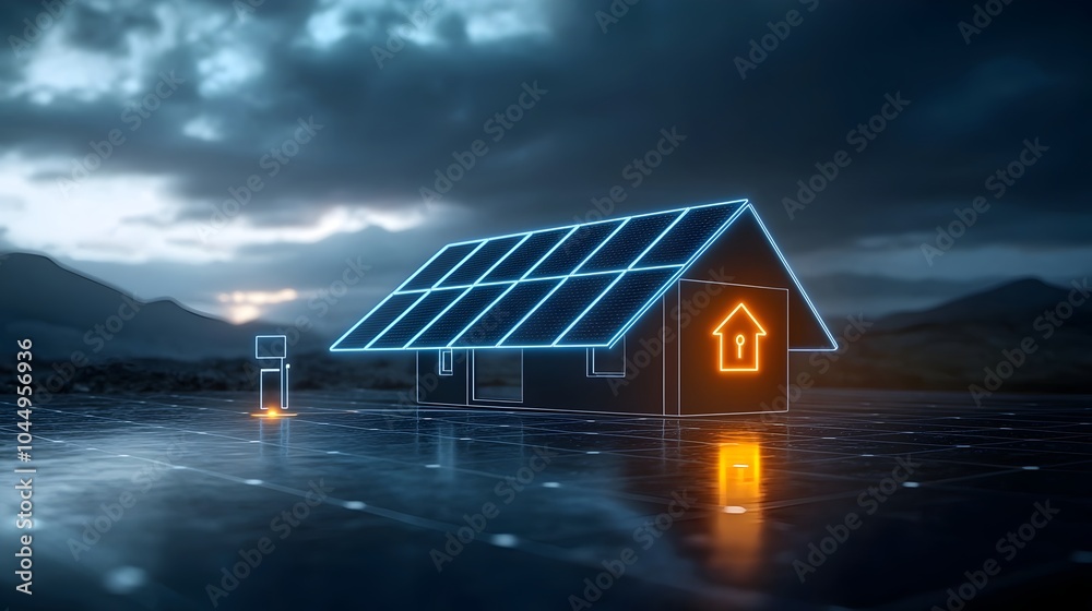 Bright neon solar panel and house icon with a glowing plug on a black ...