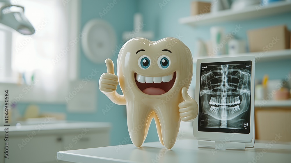 3D cartoon tooth giving a thumbs up next to a dental x-ray in a modern ...