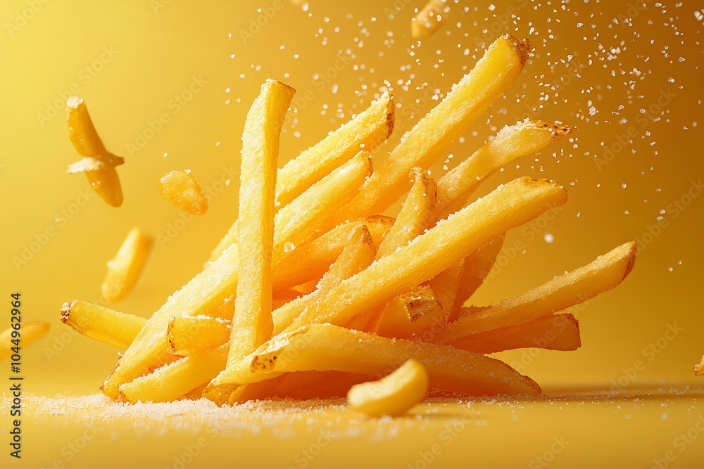 Crispy golden french fries tossed with salt- captured in mid-air with ...