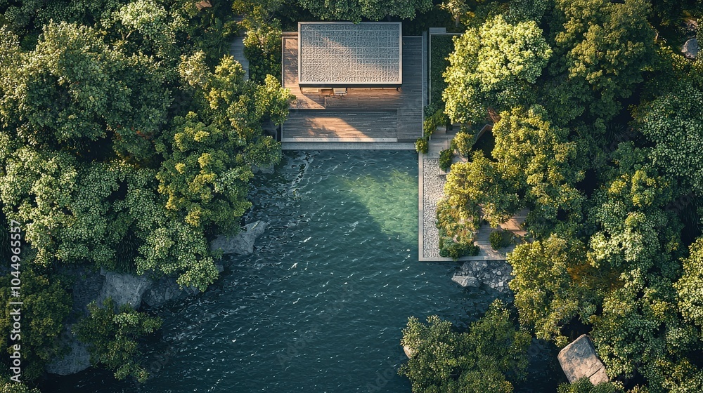 A top-down visualization of a landscape design plan, featuring distinct ...