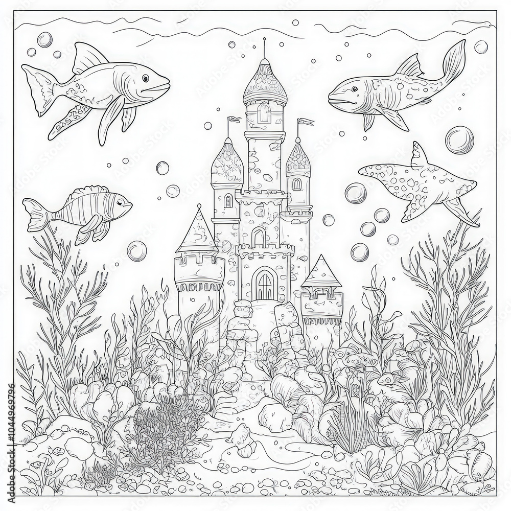 An underwater castle guarded by friendly sea creatures, coloring page ...