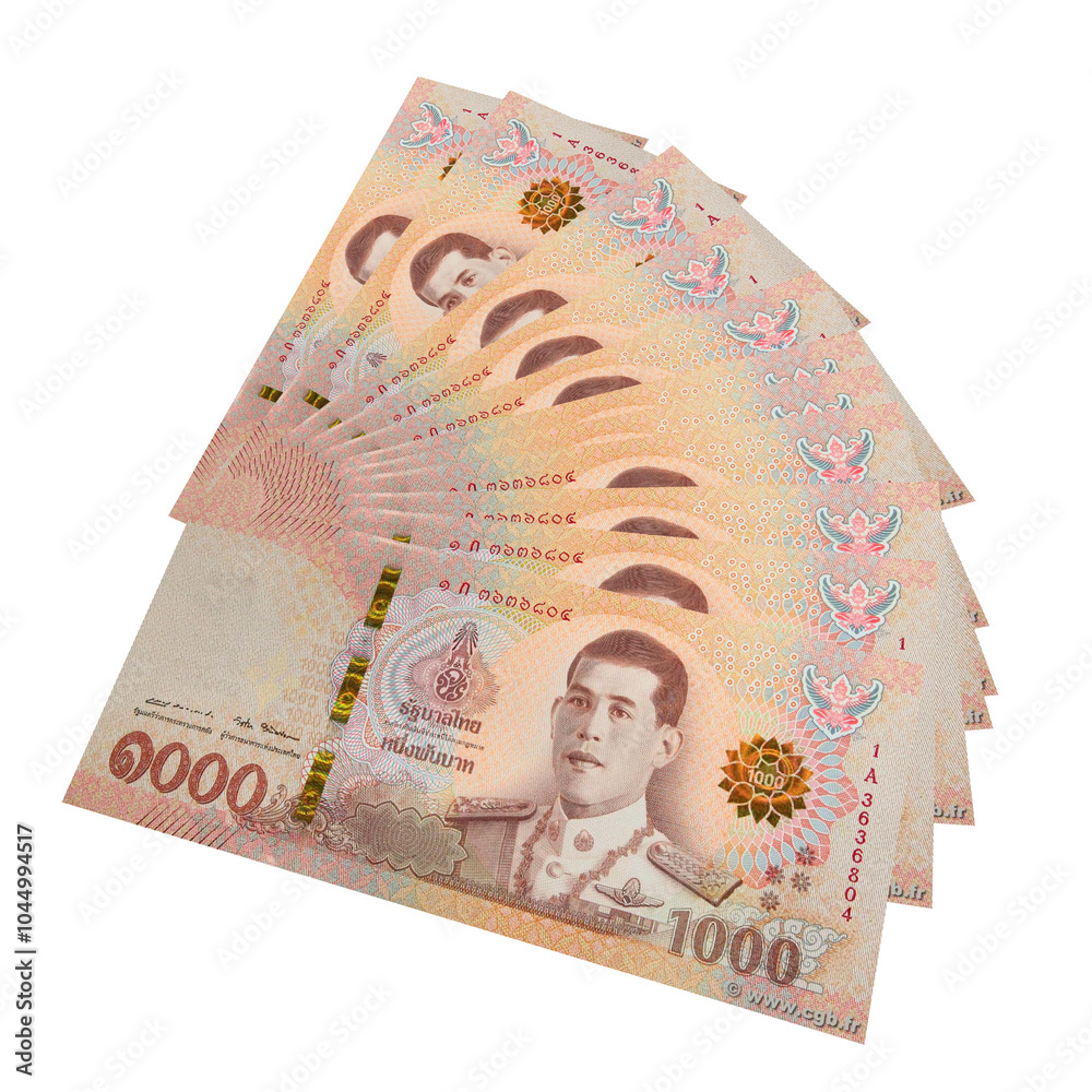 Thailand Bank Note 1000 Baht paper cash stacking Baht isolated on white background. This has ...