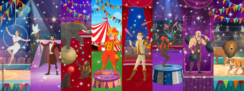 Cartoon circus performer characters collage with a clown, strongman ...