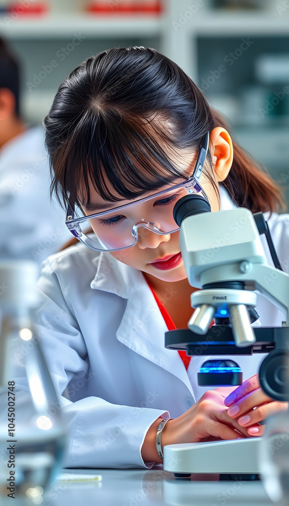 Asian child girl scientists learning science and doing analysis with ...