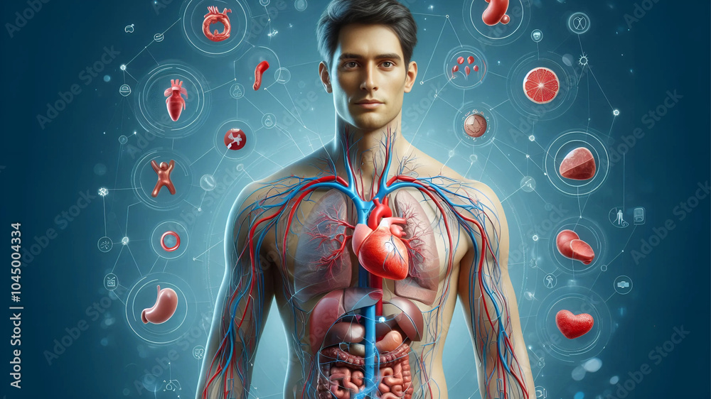 Photo A comprehensive diagram of human organs connected by the ...