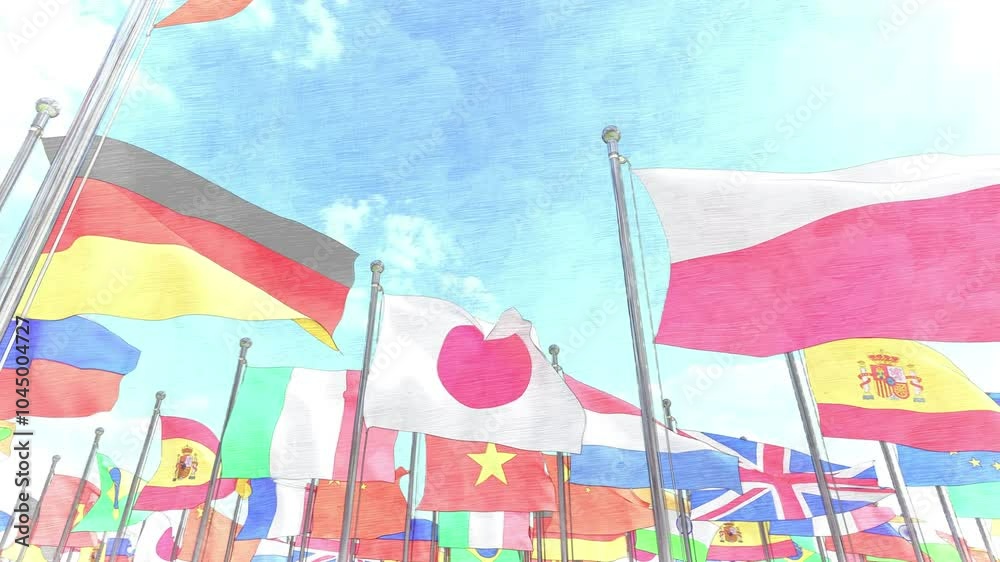 National flags of different countries in a rows on flagpoles. Flags ...