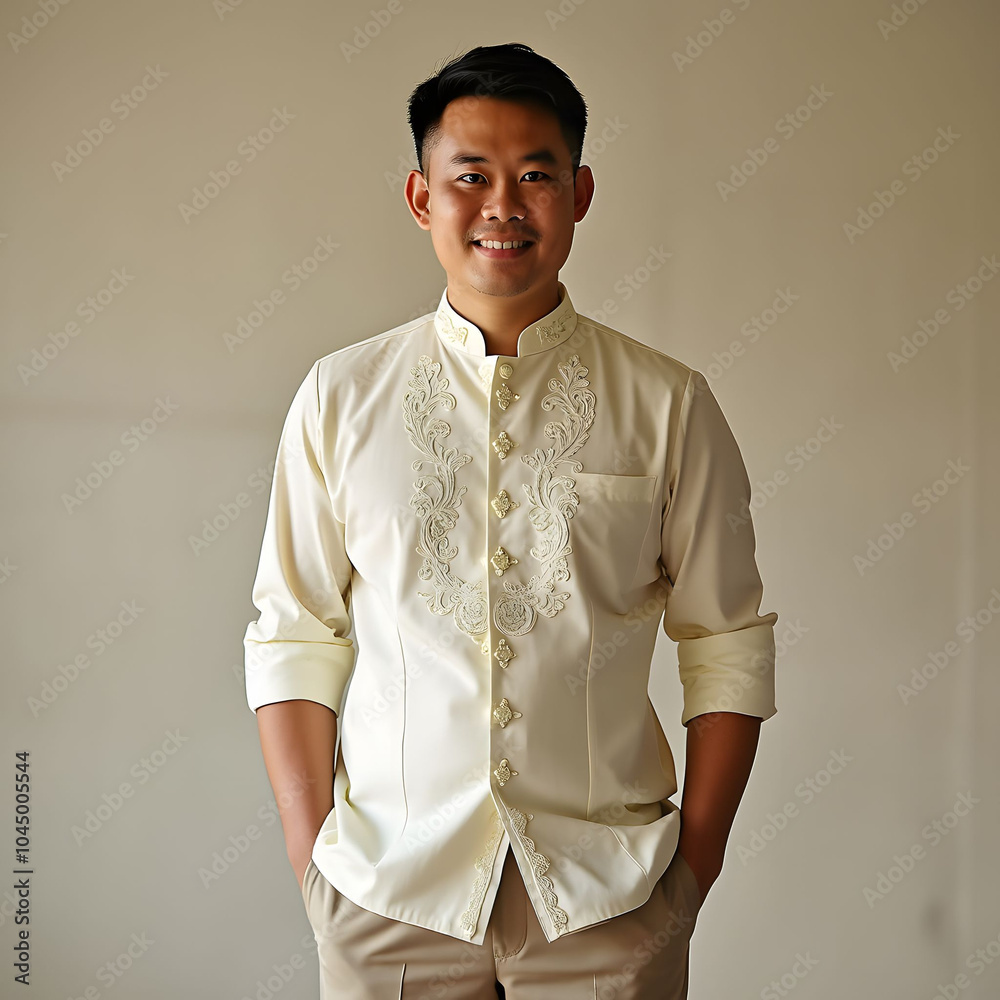 Traditional Barong Tagalog in Light Colors Worn by a Filipino Man, Set ...