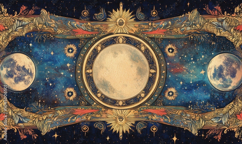 Ornate celestial design with moons and stars. Stock Illustration ...