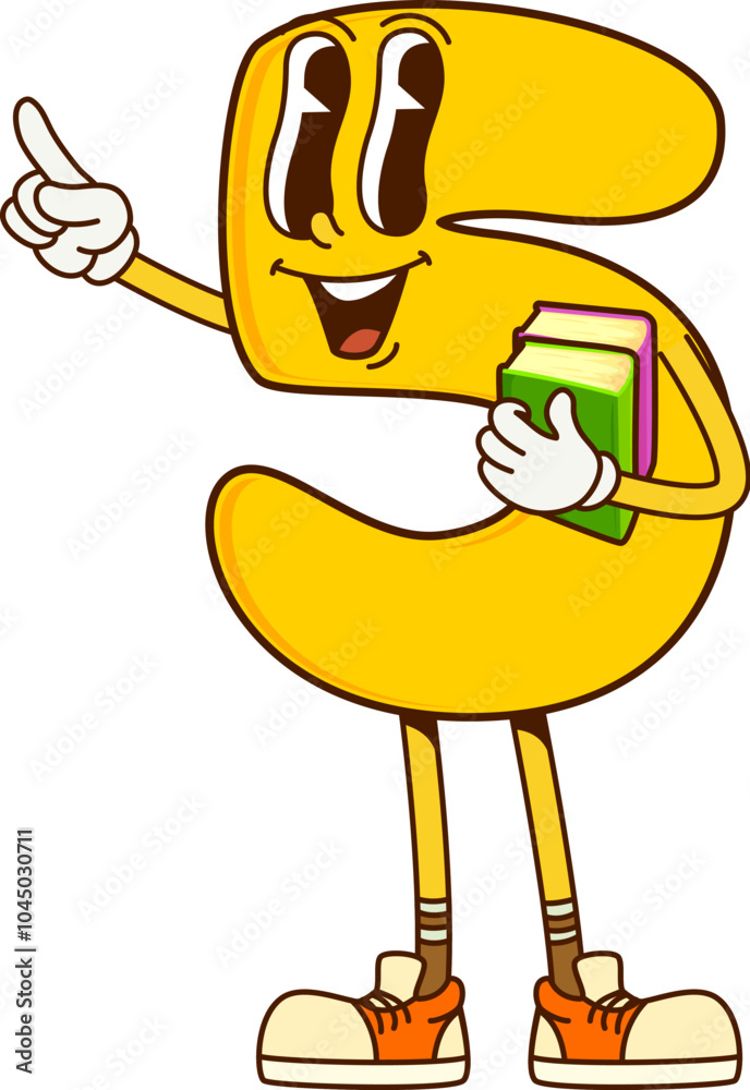 Cartoon math number five groovy character with textbooks. Isolated ...