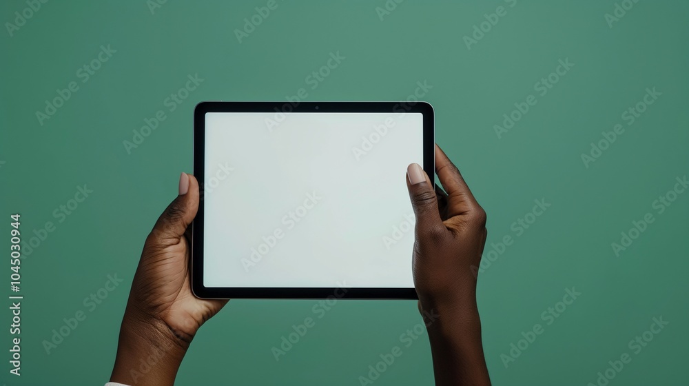 Two african american hands holding blank tablet mockup with green ...