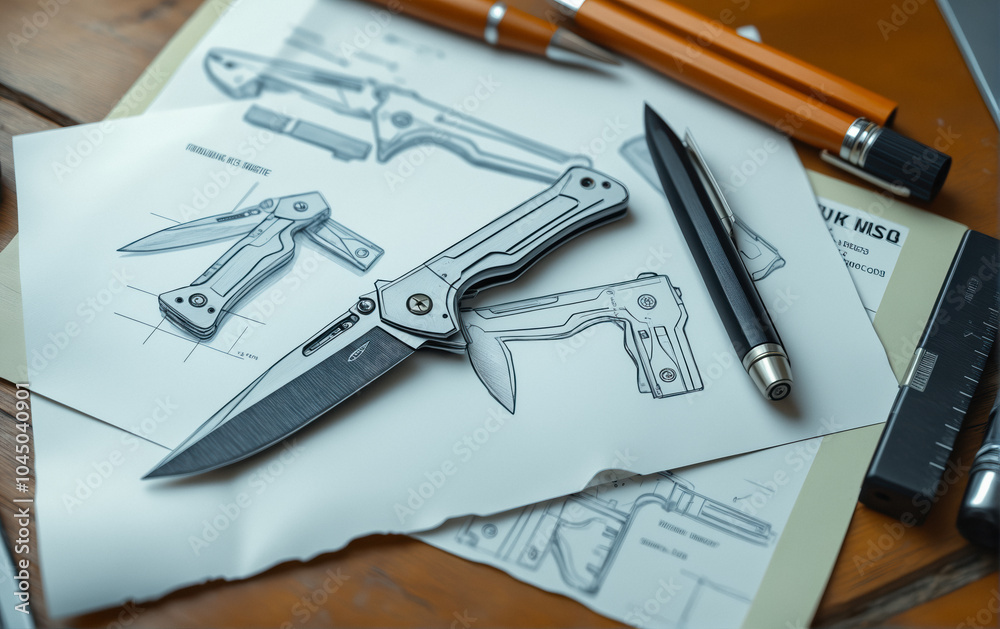The process of developing a new model of a folding knife. Industrial ...