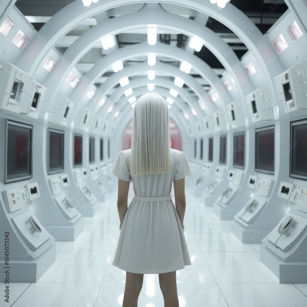 A young female lab technician in a white lab coat walks down a ...