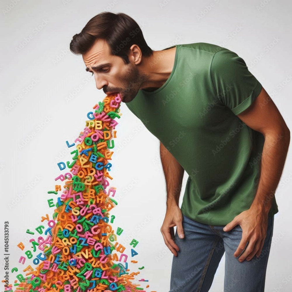 AI generated image of man vomiting colorful alphabet letters on white ...
