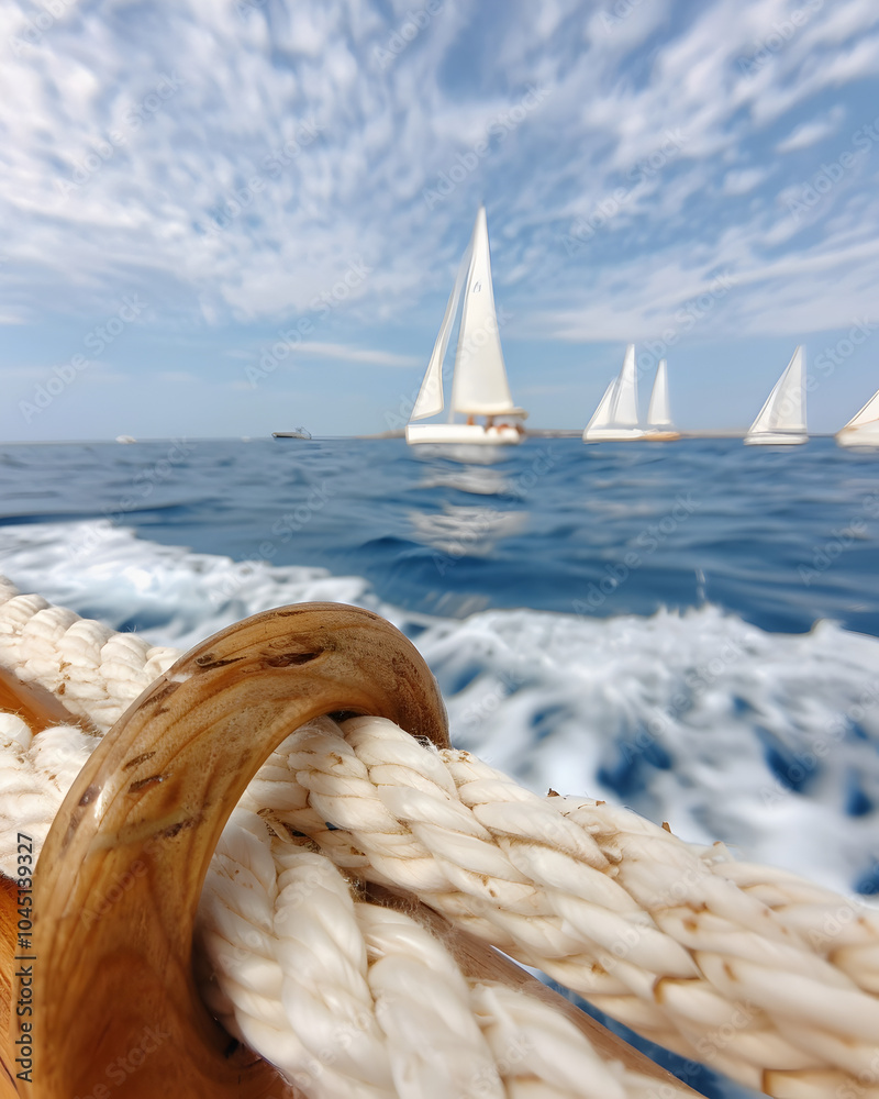 a thick boat rope, coiled and secured to the wooden deck of a vessel ...