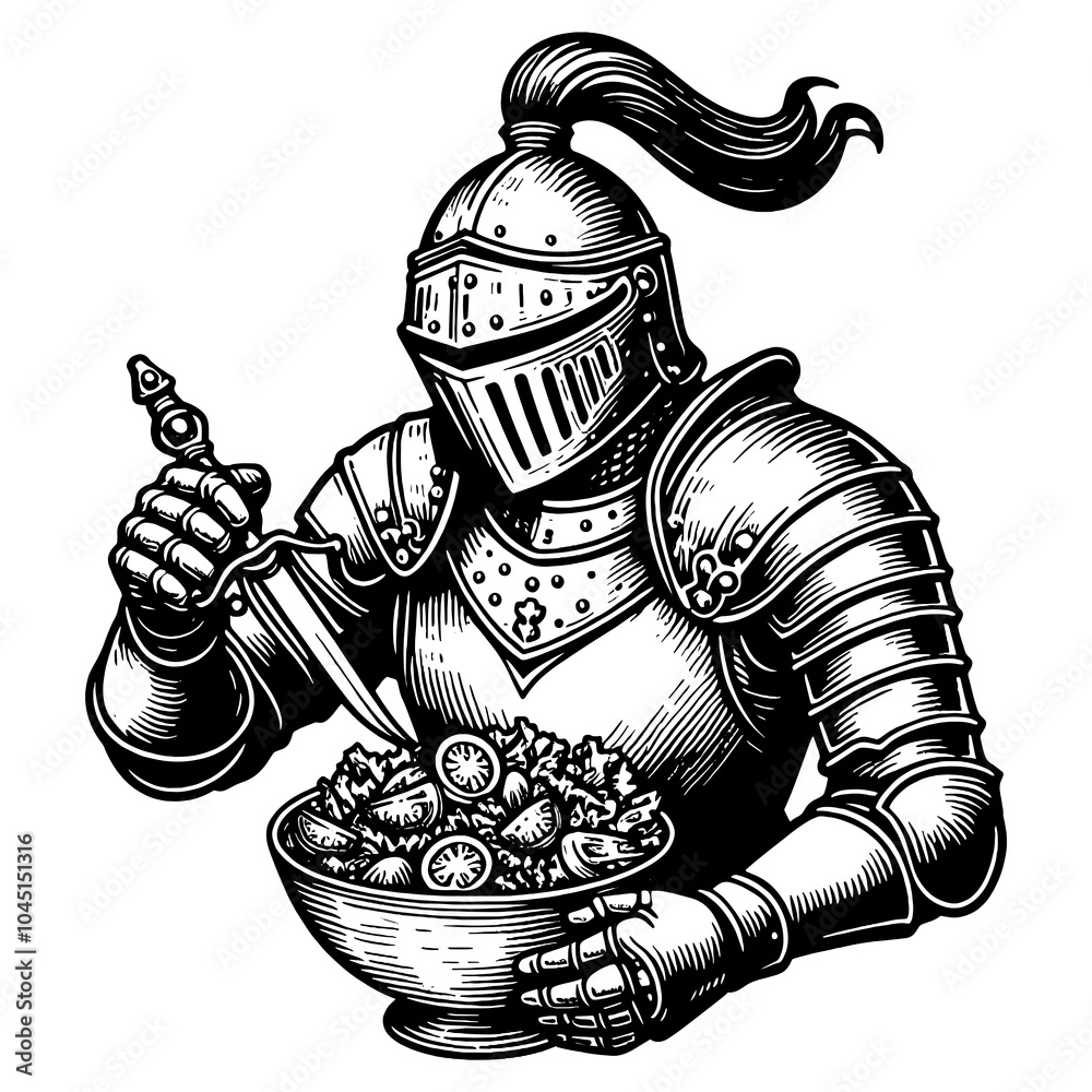 medieval knight using a knife to eat a bowl of salad, mixing chivalry ...
