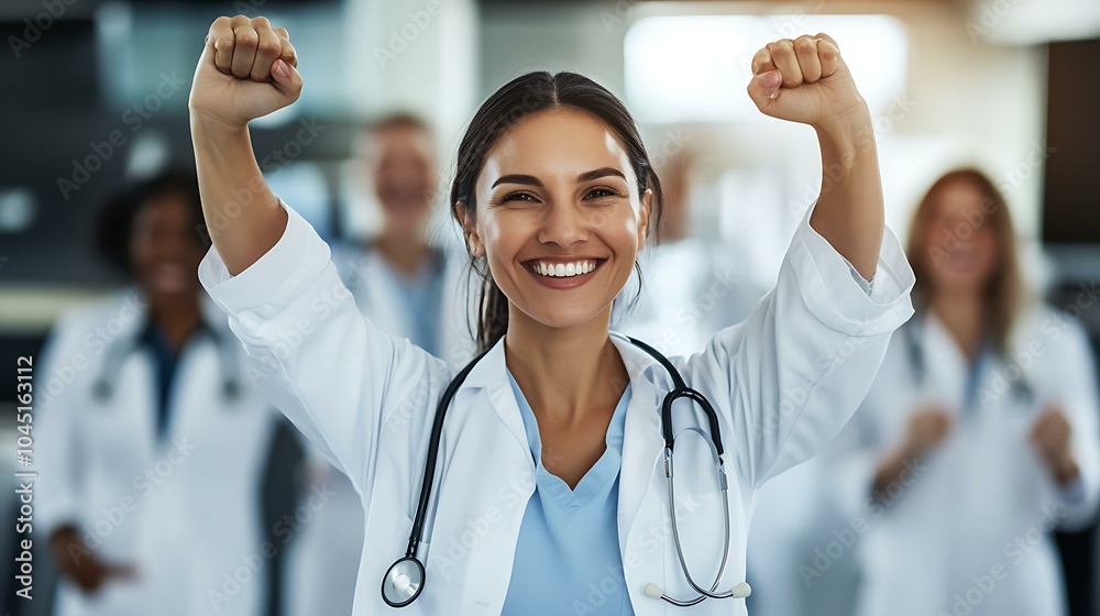 A multicultural group of doctors and nurses celebrating the opening of ...
