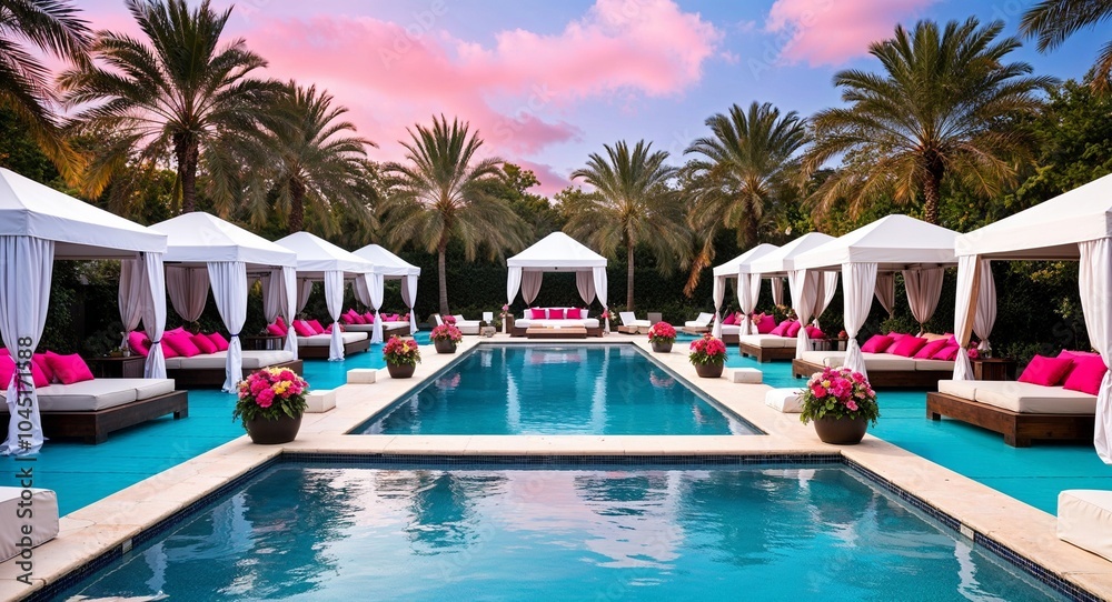 Lavish pool party setup with cabanas background upscale pool area ...