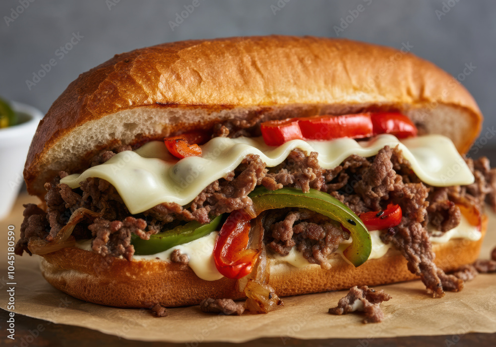 Delicious cheesesteak sandwich loaded with beef, peppers, and melted ...