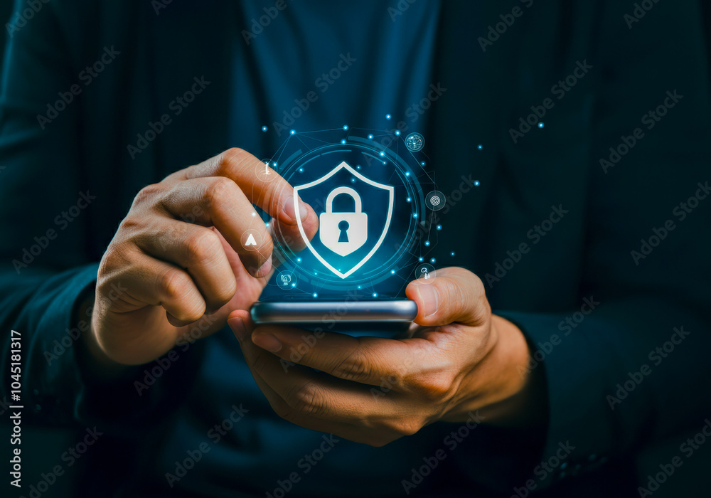 Person using smartphone to enhance digital security with a lock icon ...