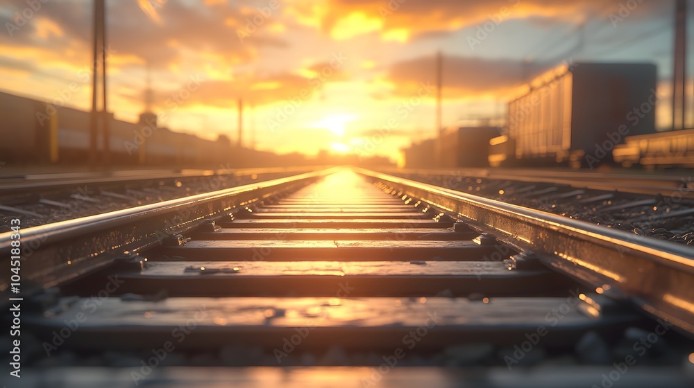 Railway tracks stretching to horizon, low angle, industrial warehouses on sides, dramatic sunset ...