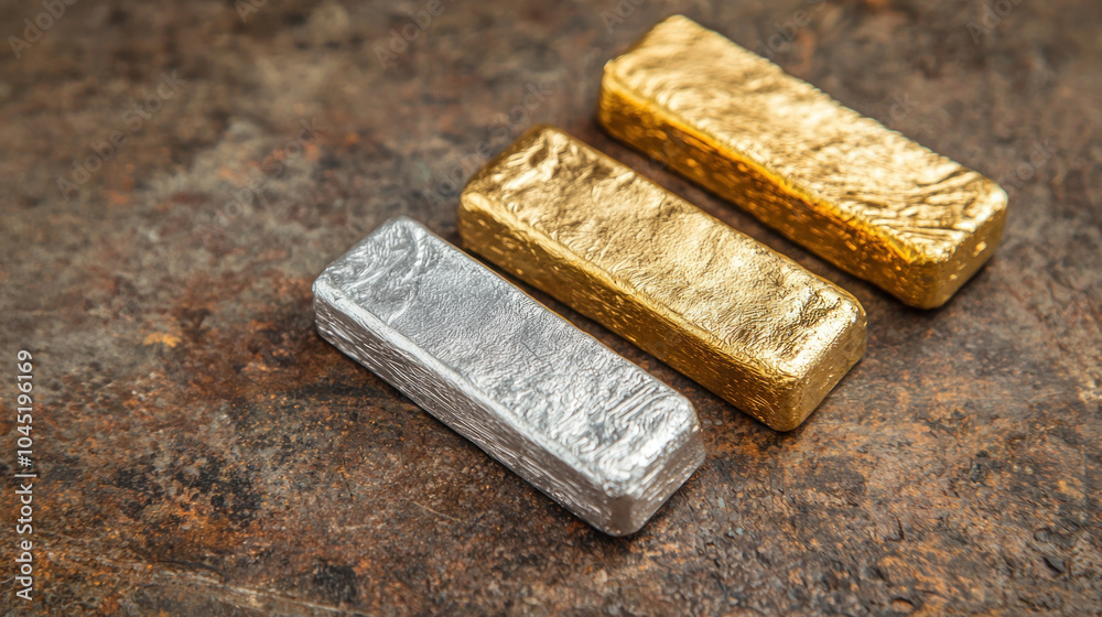 Silver and gold ingots are displayed on rustic surface, symbolizing ...