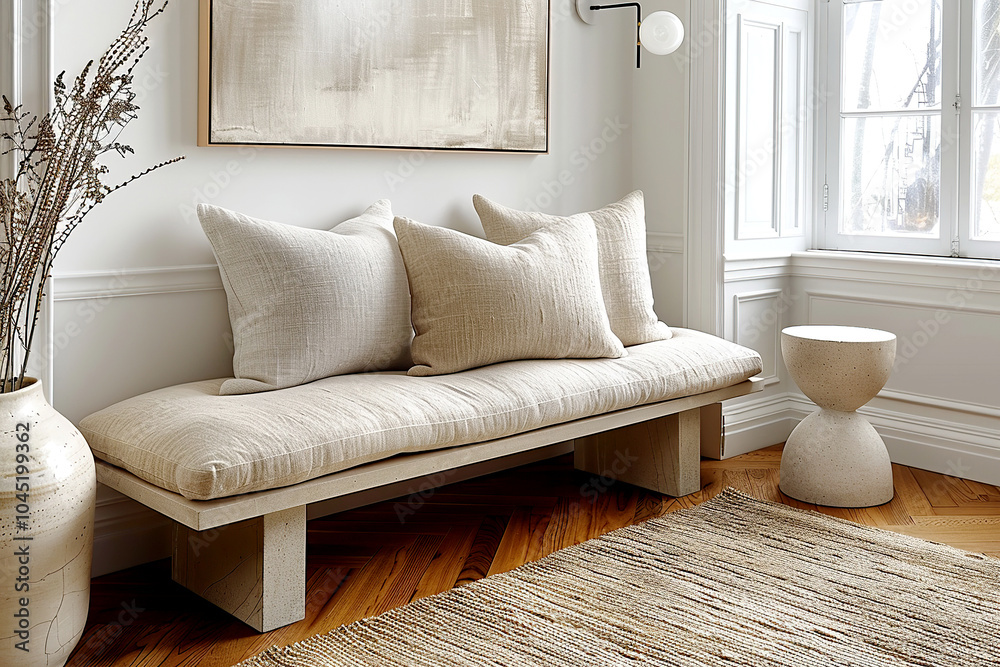 Minimalist bench with neutral cushions, abstract wall art, and modern ...