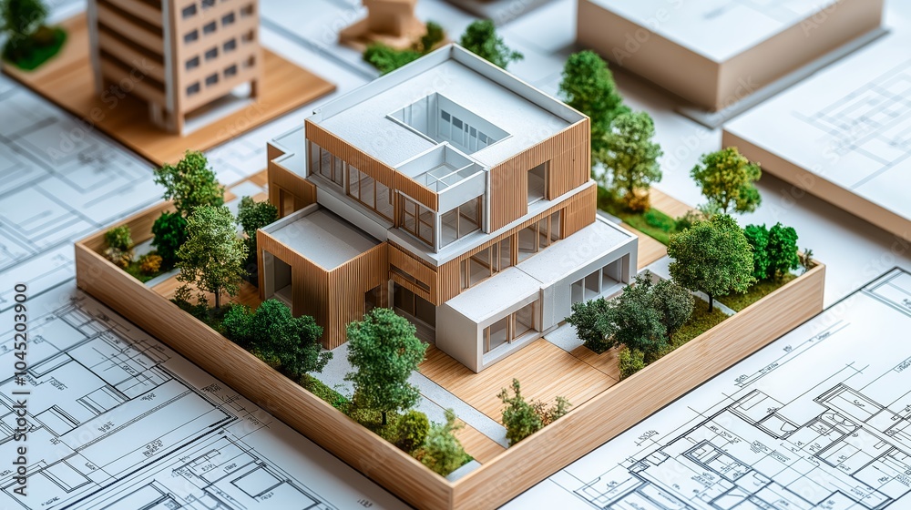 Modern Architectural Model On Blueprints With Greenery And Urban Planning Elements Modern