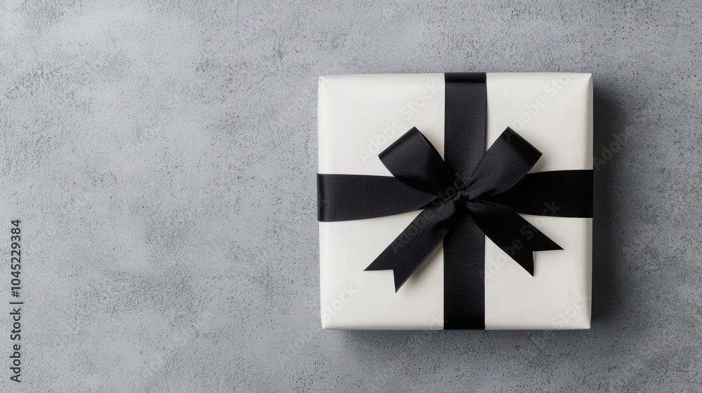 Minimalist gift wrap, clean white paper with a single thin black ribbon ...