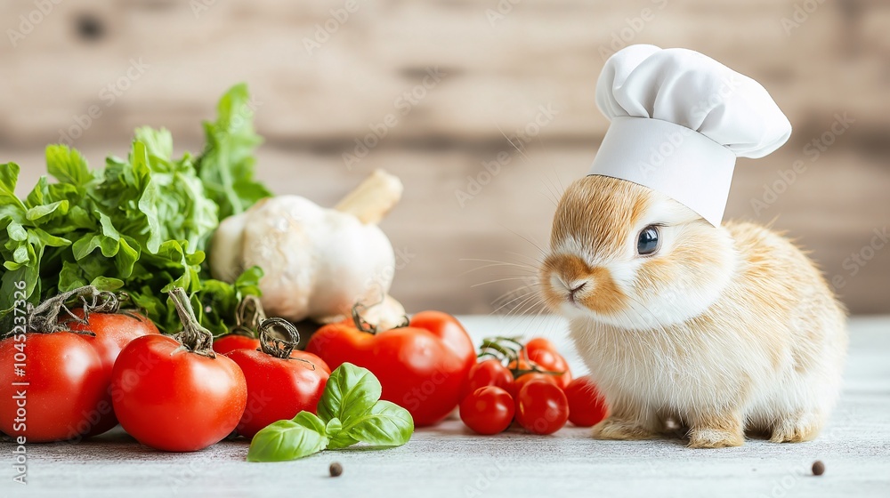 Chef Bunny: A fluffy bunny in a chef's hat, surrounded by fresh ...
