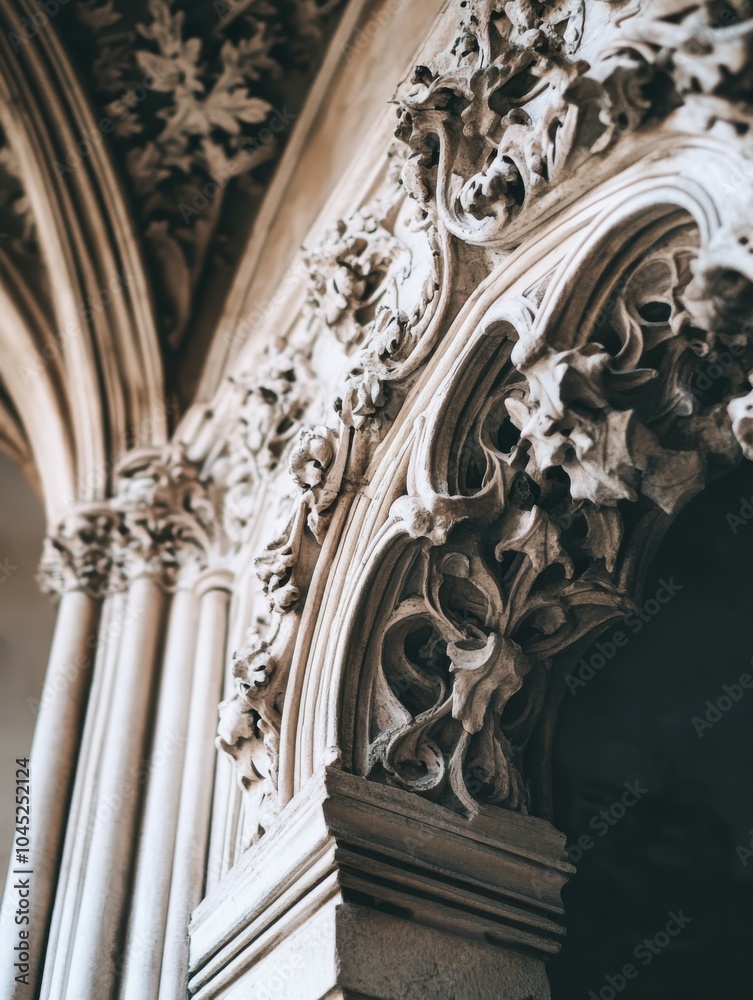 Close-up Gothic architecture details with intricate stone carvings ...