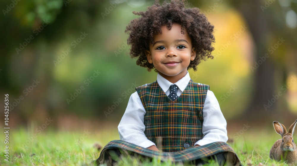 Afro little boy wearing scotland kilt playing with rabbit in highland ...