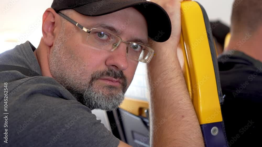 Anxious Scared Man Gripping Seat in Cabin of Commercial Airplane During ...